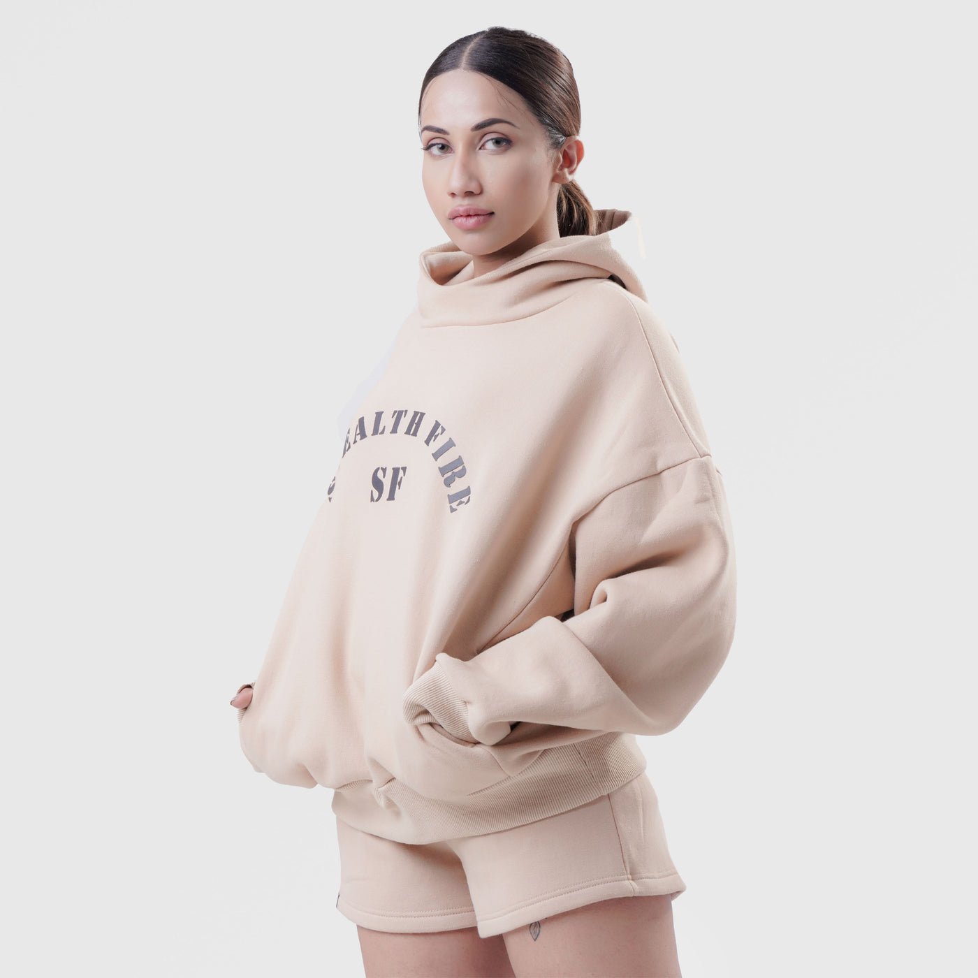 BEIGE HOODED SWEATSHIRT WITH HIGH DENSITY LOGO – Stealthfire